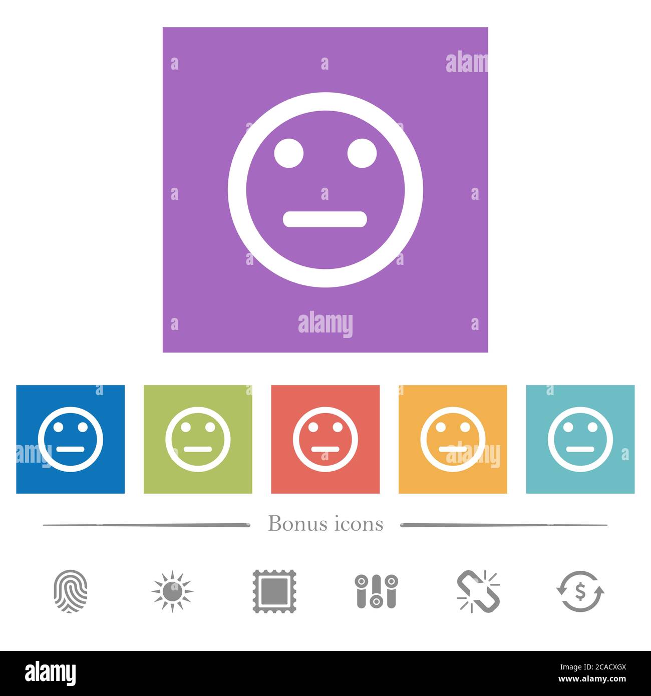 Neutral emoticon flat white icons in square backgrounds. 6 bonus icons ...