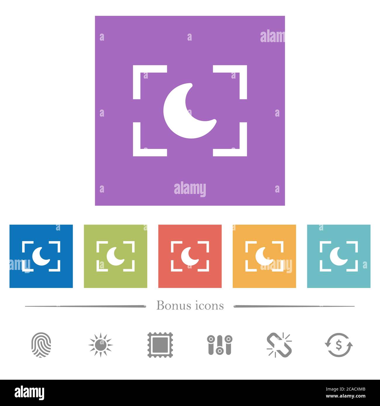 Camera night mode flat white icons in square backgrounds. 6 bonus icons ...