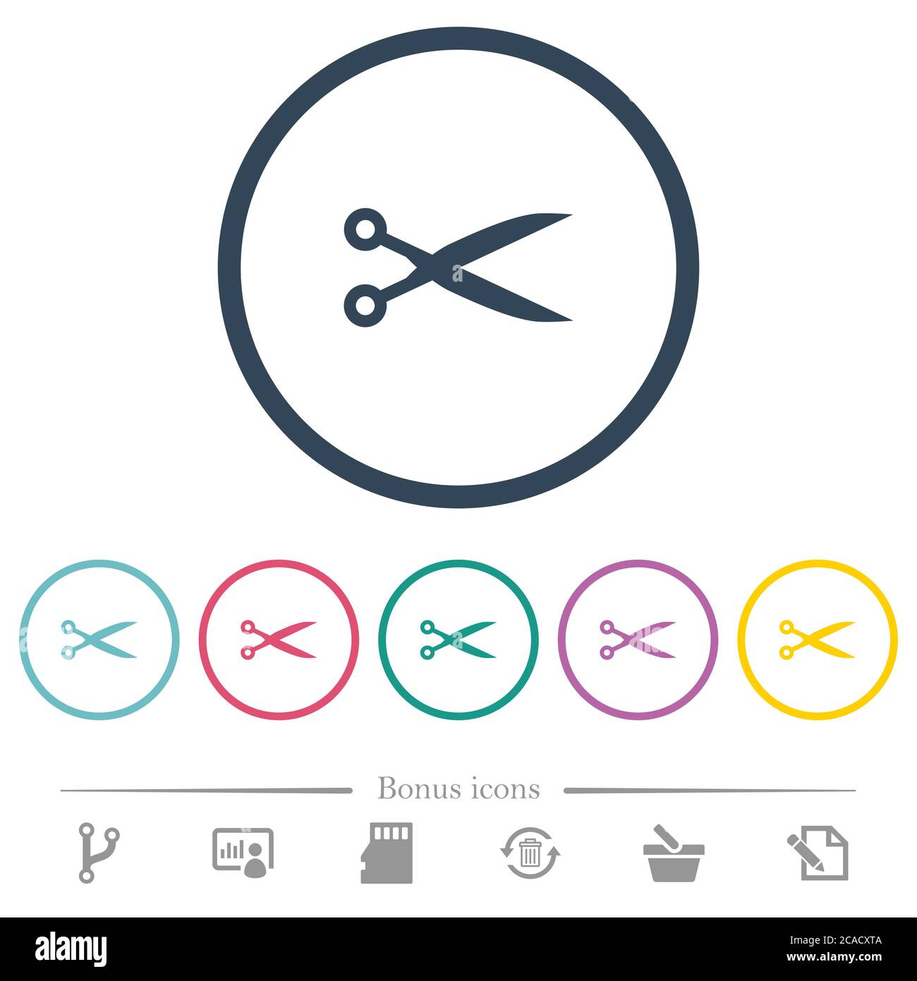Cut with scissors flat color icons in round outlines. 6 bonus icons ...