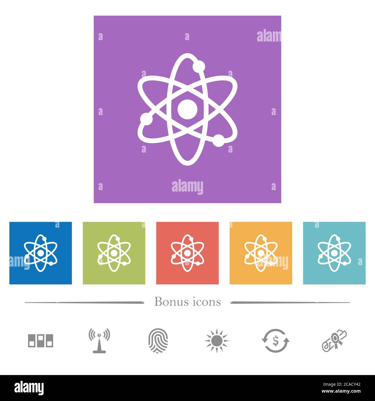 Atom symbol flat white icons in square backgrounds. 6 bonus icons ...