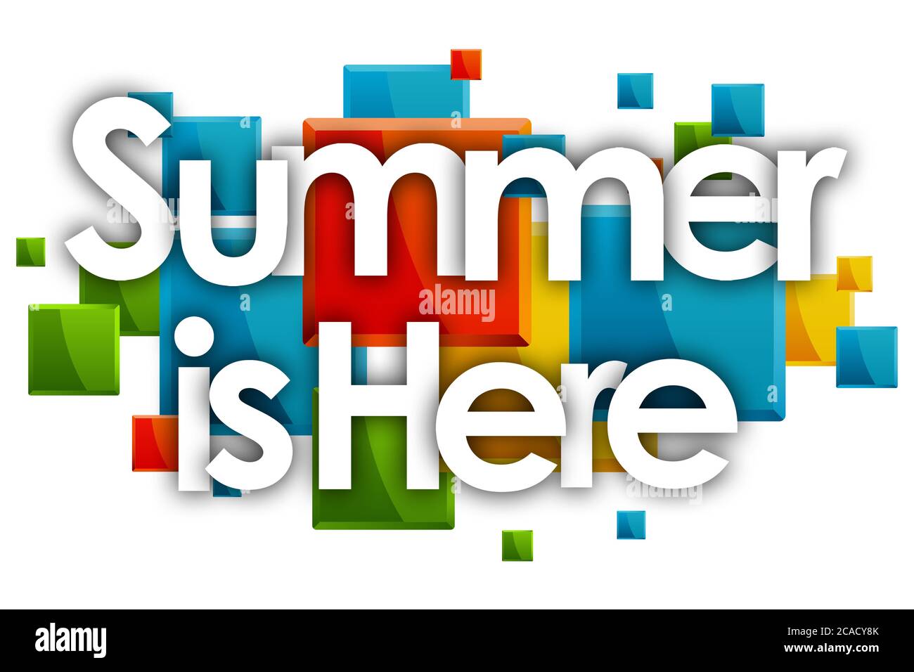 Summer is Here word in colored rectangles background Stock Photo - Alamy