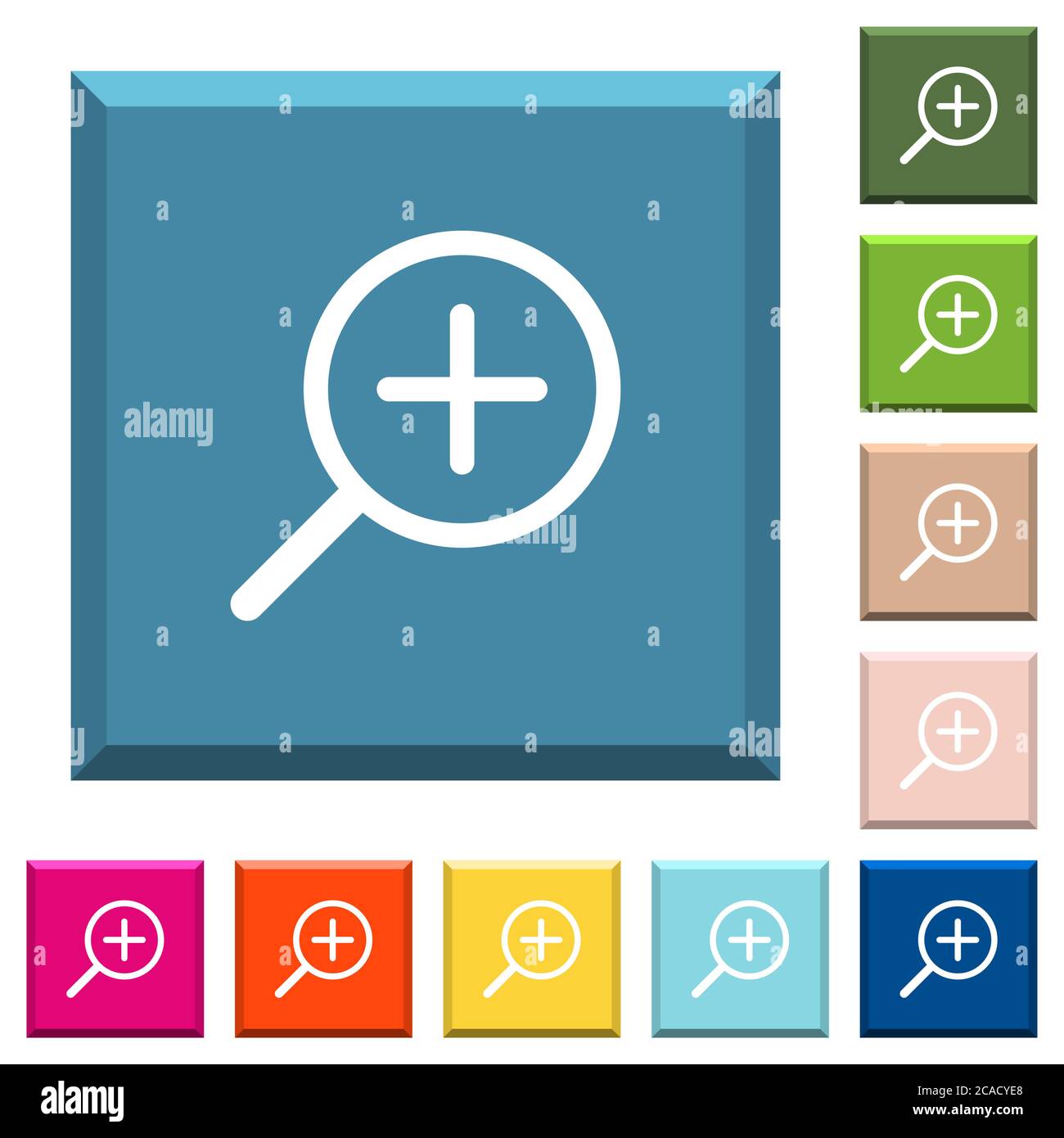 Zoom in white icons on edged square buttons in various trendy colors ...