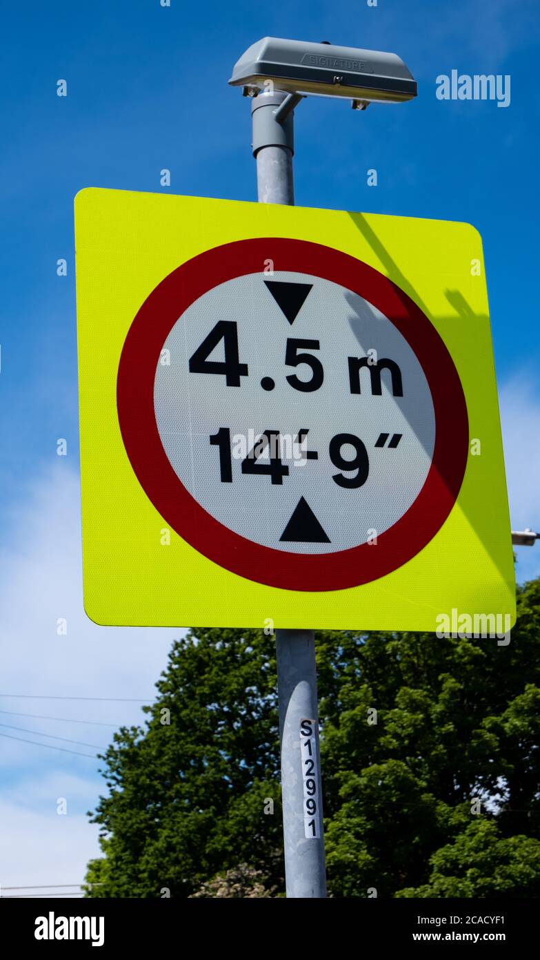 High visibility sign warning of low bridge ahead Upton Wirral May 2020 ...