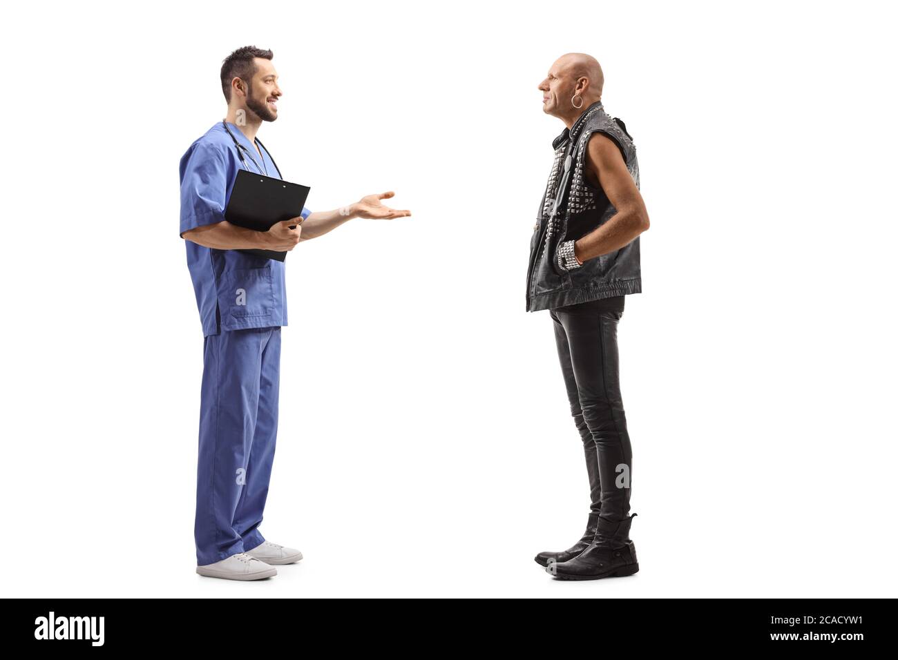 Full length profile shot of a medical worker talking to a bald punk ...