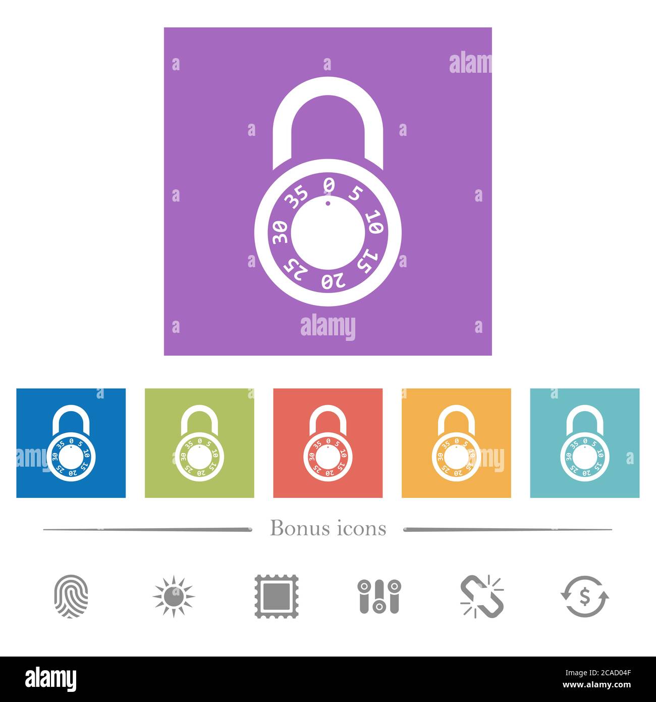 Locked round combination lock flat white icons in square backgrounds. 6 ...
