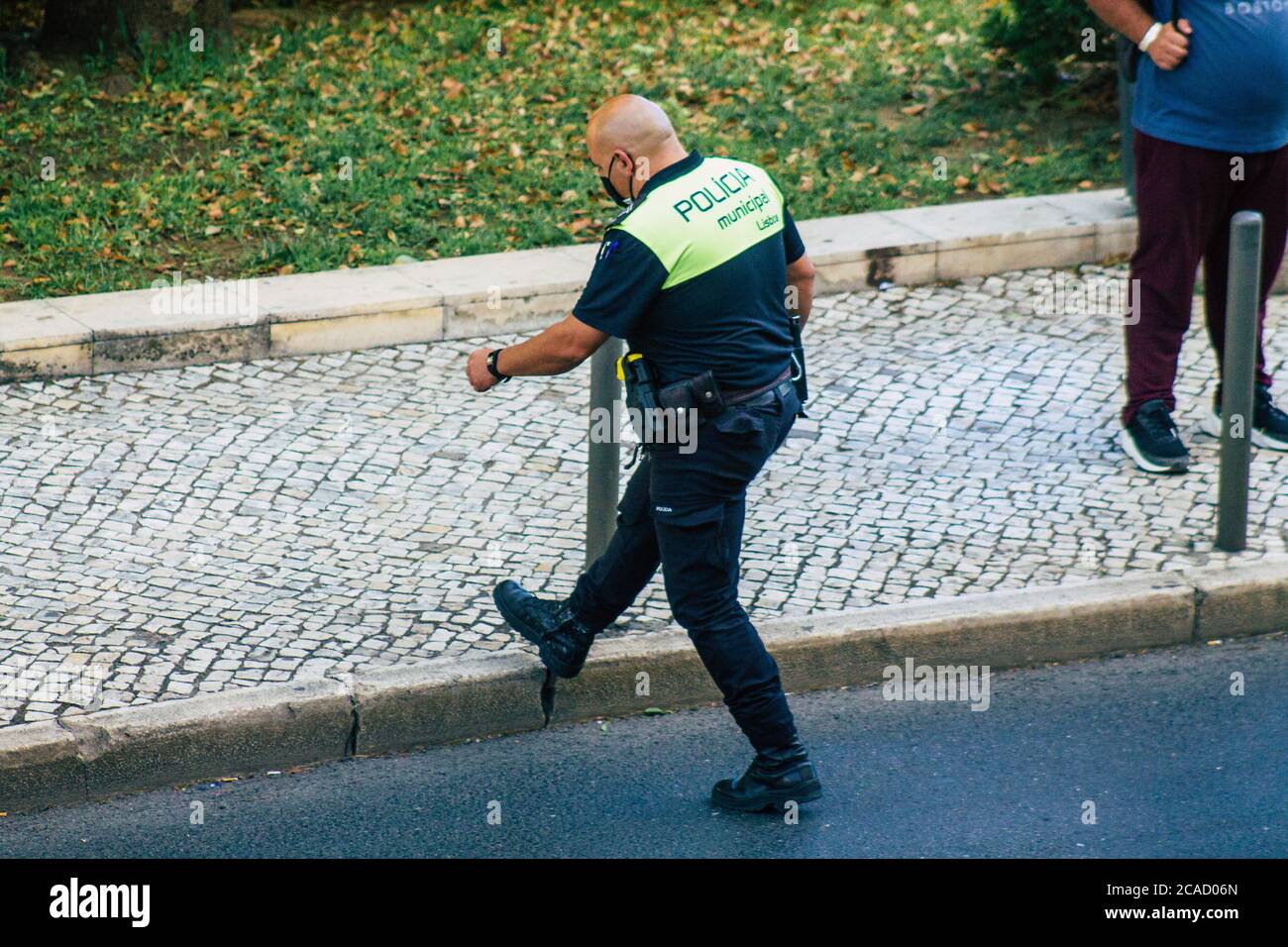 Lisbon Portugal August 04, 2020 View of police officer in the streets ...