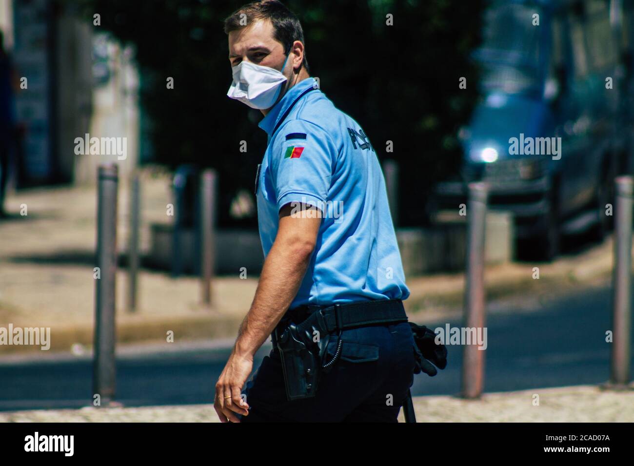 Lisbon Portugal August 04, 2020 View of police officer in the streets ...