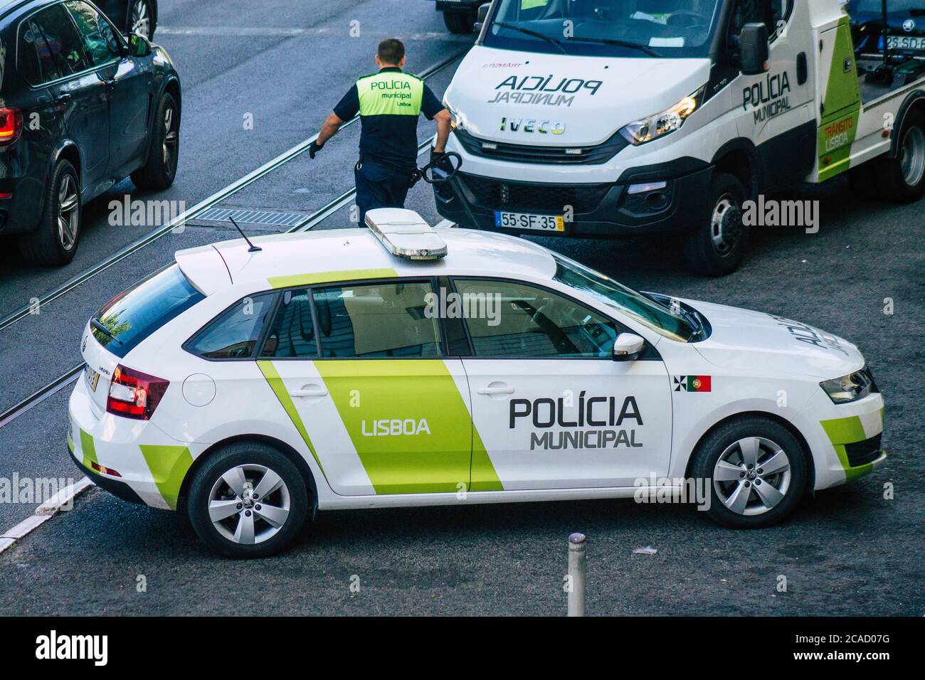 Lisbon Portugal August 04, 2020 View of police officer in the streets ...