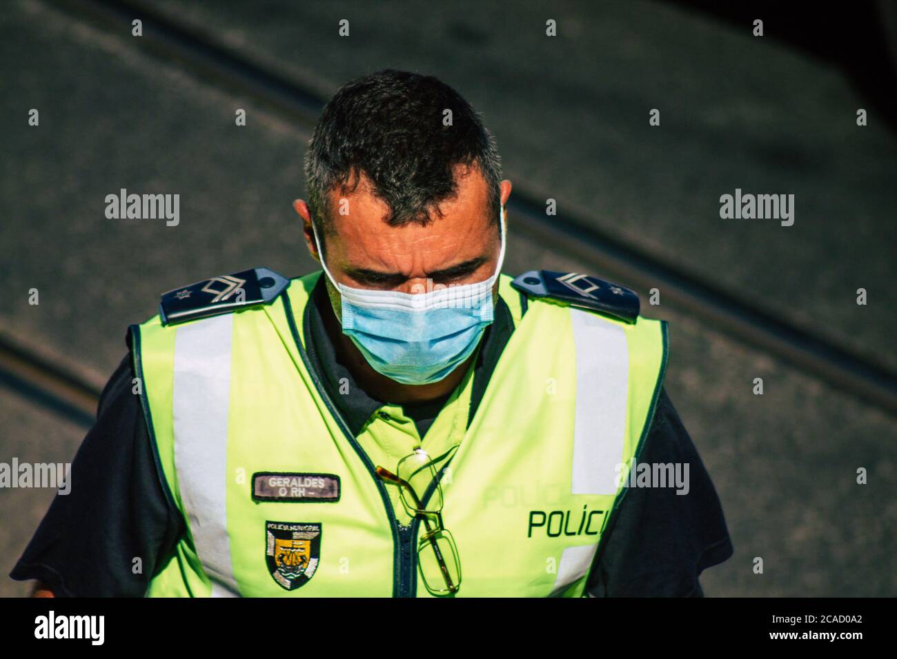 Lisbon Portugal August 04, 2020 View of police officer in the streets ...