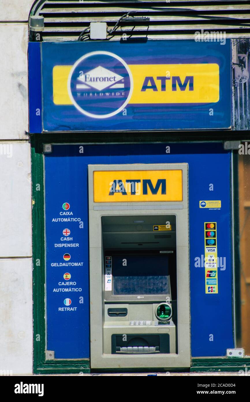 Lisbon Portugal August 04, 2020 View of an ATM located in the streets ...