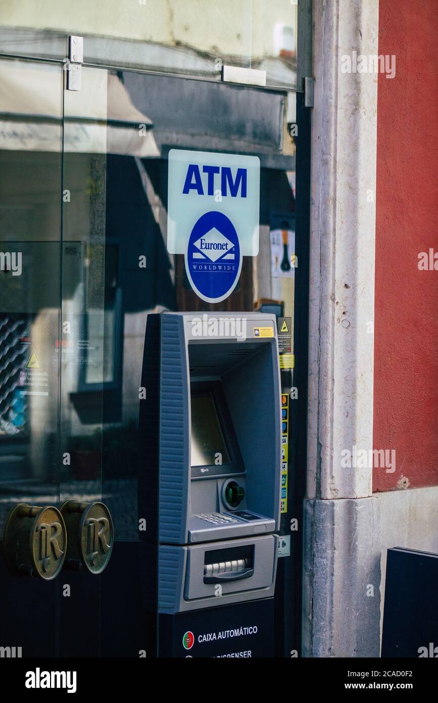 Lisbon Portugal August 04, 2020 View of an ATM located in the streets ...