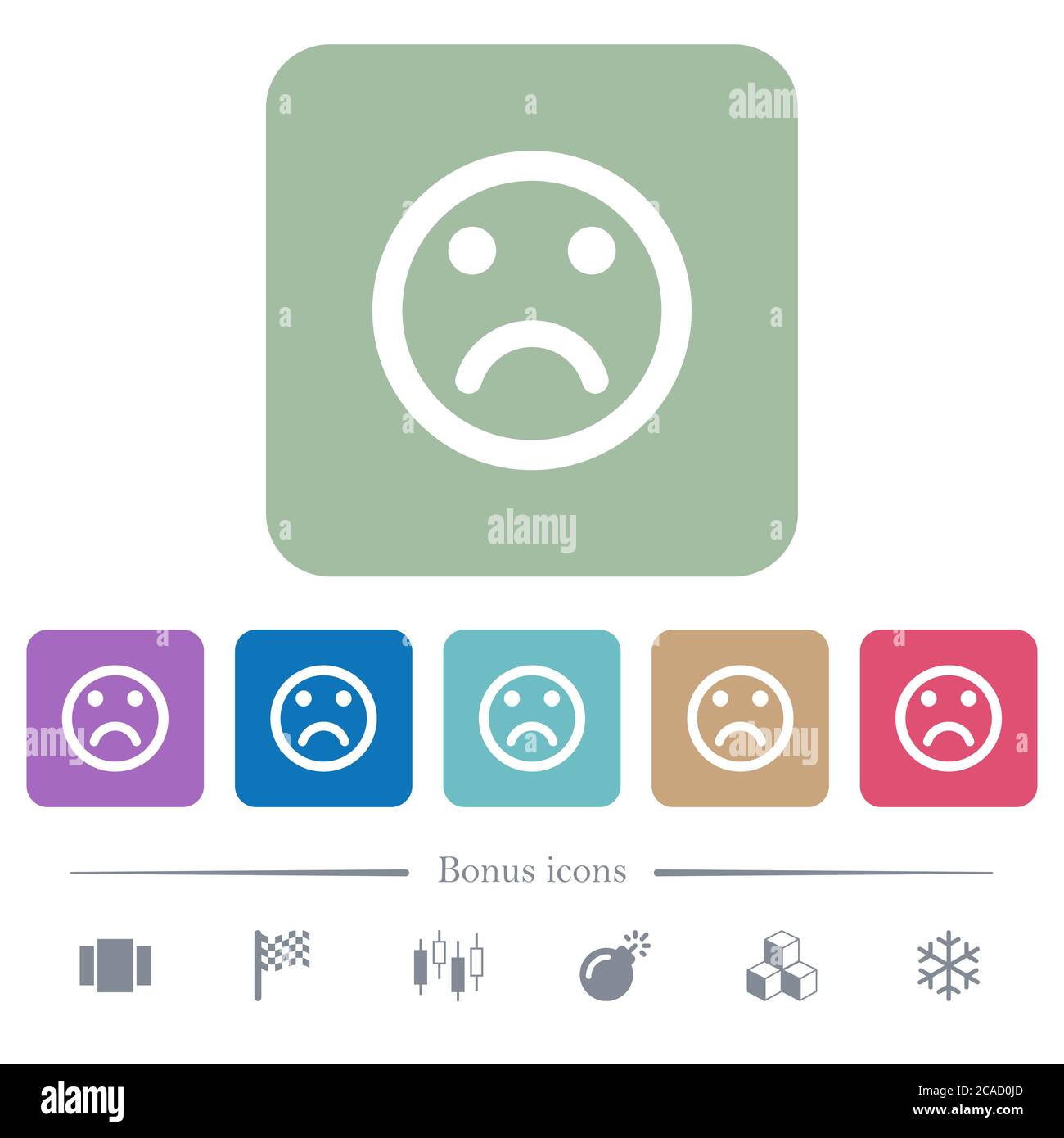 Sad emoticon white flat icons on color rounded square backgrounds. 6 ...