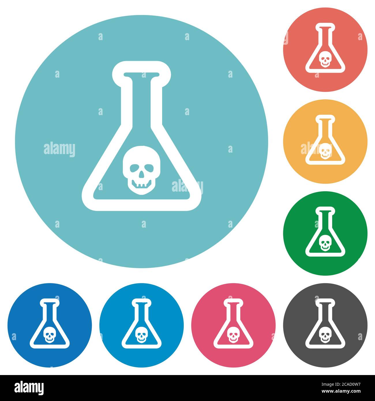 Dangerous chemical experiment flat white icons on round color ...