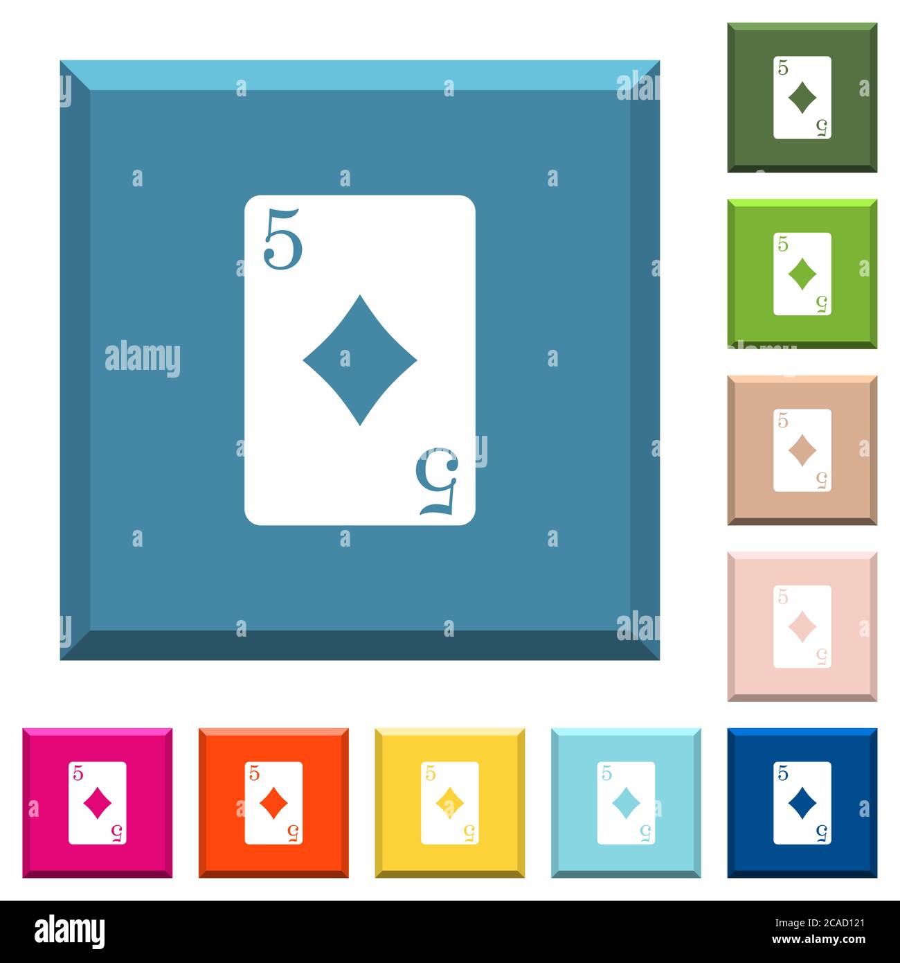 Five of diamonds card white icons on edged square buttons in various ...