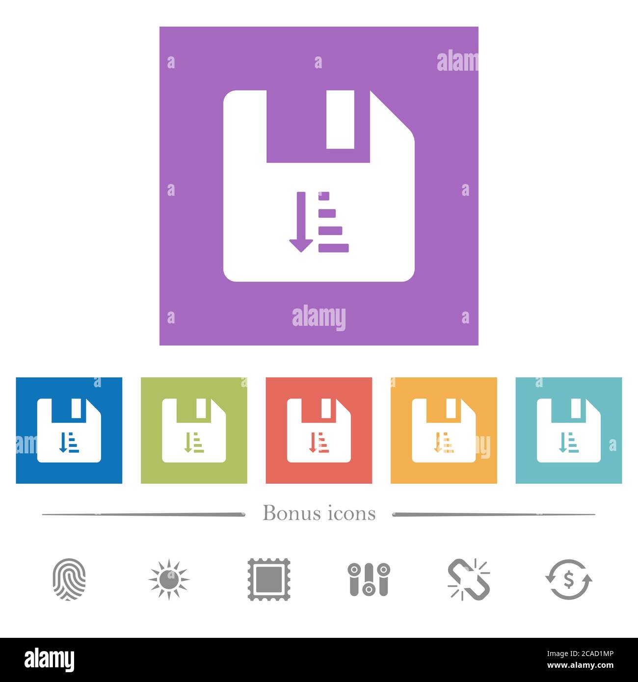 Ascending file sort flat white icons in square backgrounds. 6 bonus ...