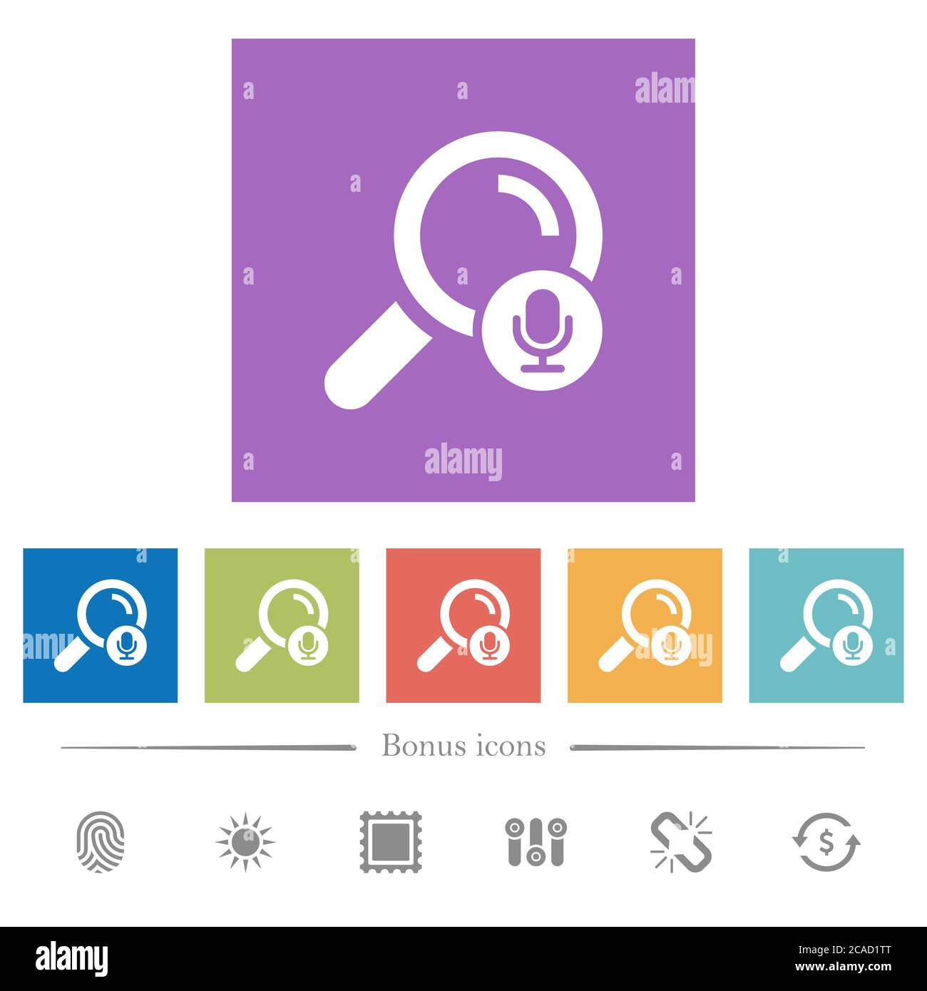 Voice search flat white icons in square backgrounds. 6 bonus icons ...