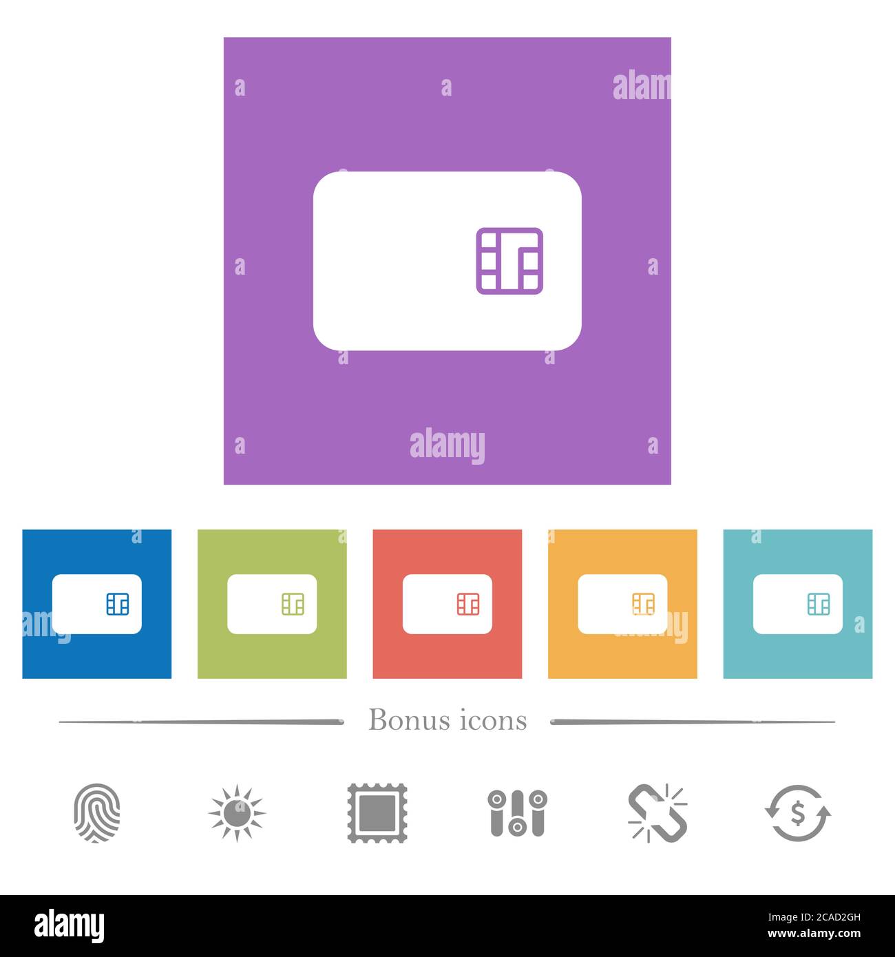Chip card flat white icons in square backgrounds. 6 bonus icons ...