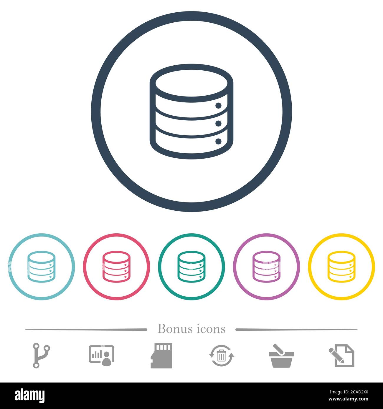 Single database flat color icons in round outlines. 6 bonus icons ...