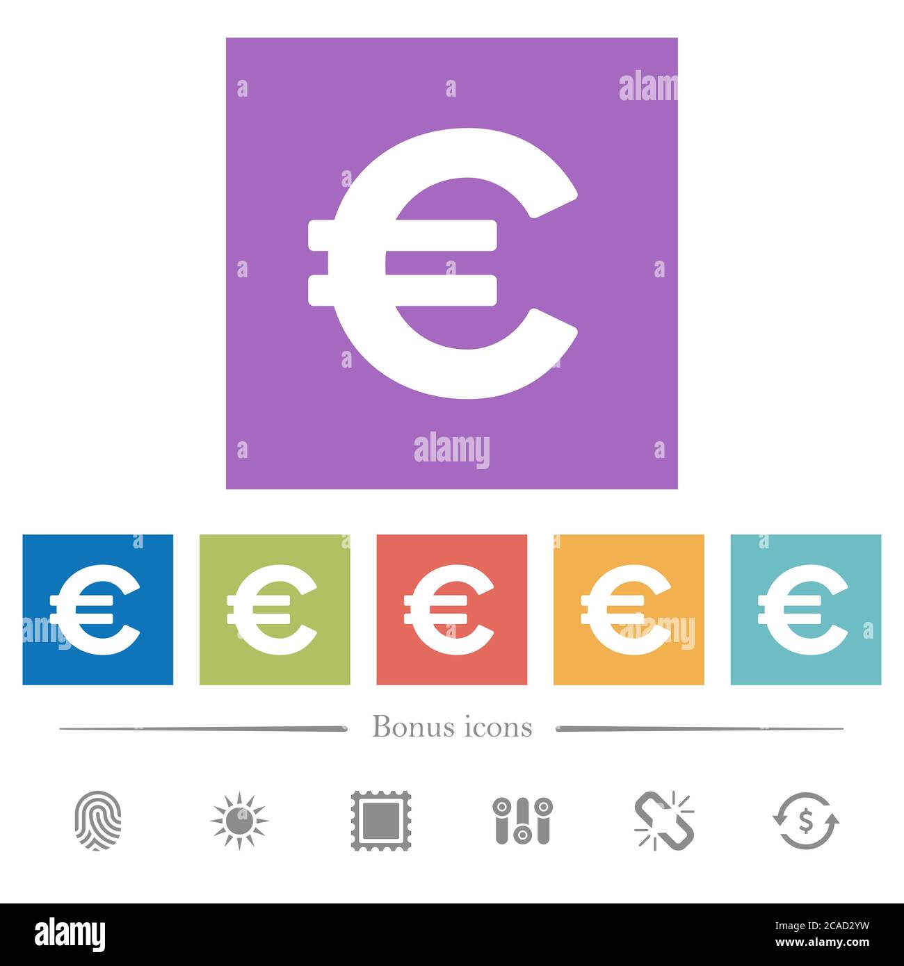 Euro sign flat white icons in square backgrounds. 6 bonus icons ...