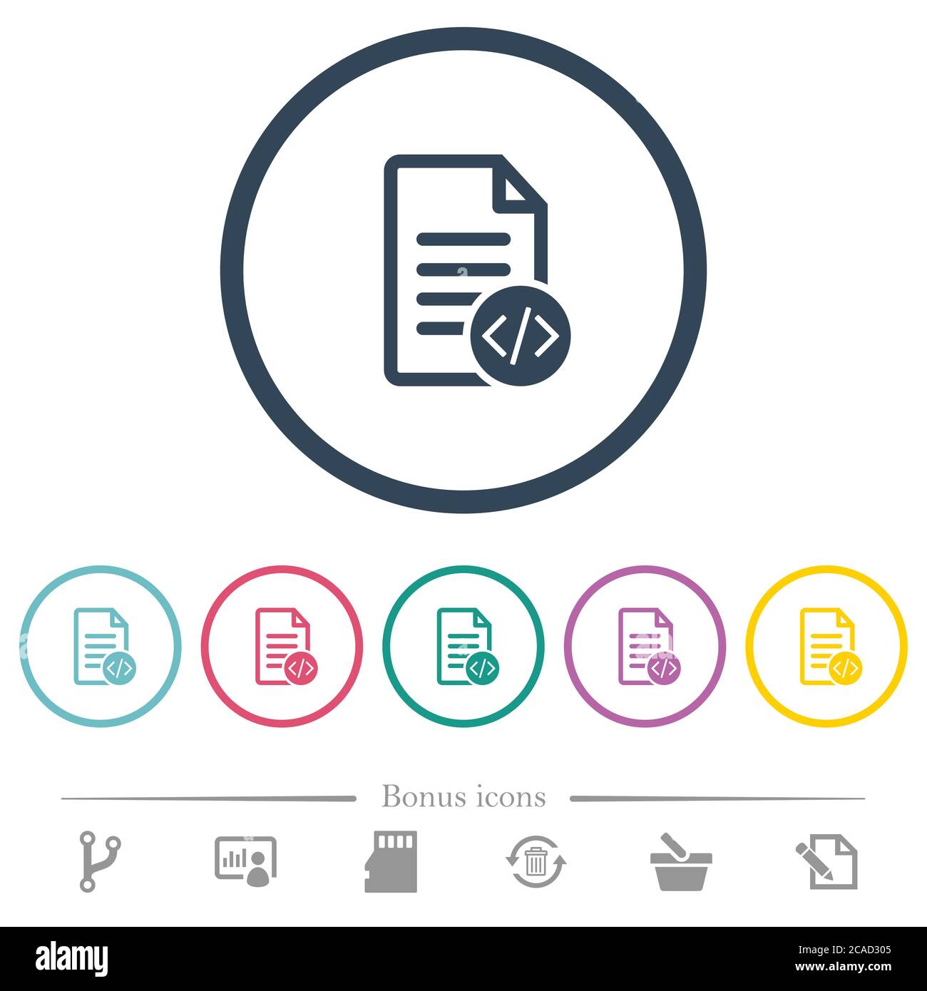 Source code document flat color icons in round outlines. 6 bonus icons ...