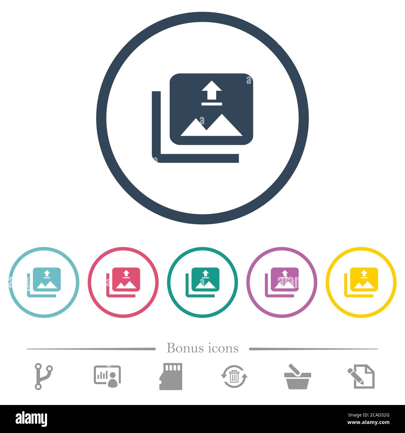 Upload multiple images flat color icons in round outlines. 6 bonus ...