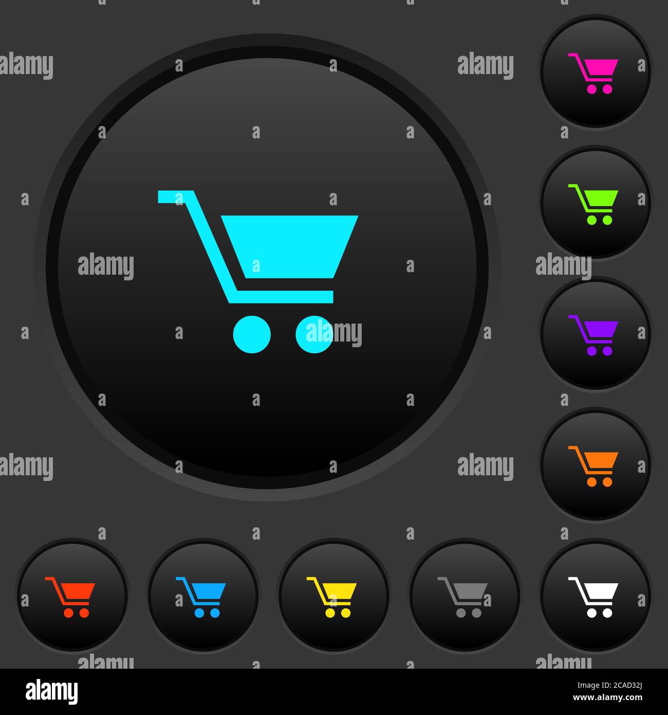 Empty shopping cart dark push buttons with vivid color icons on dark ...