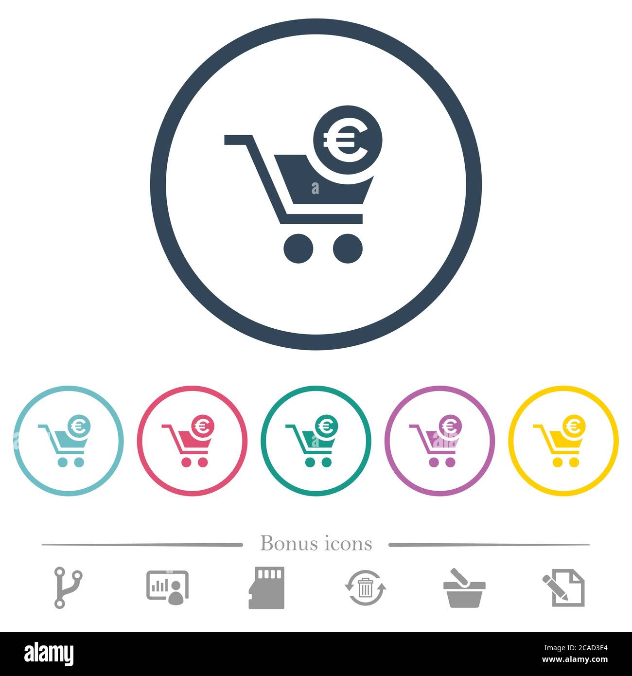 Checkout with Euro cart flat color icons in round outlines. 6 bonus ...
