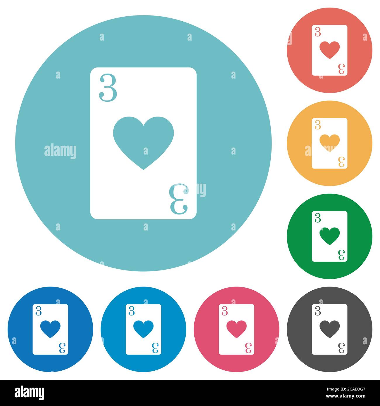 Three of hearts card flat white icons on round color backgrounds Stock ...