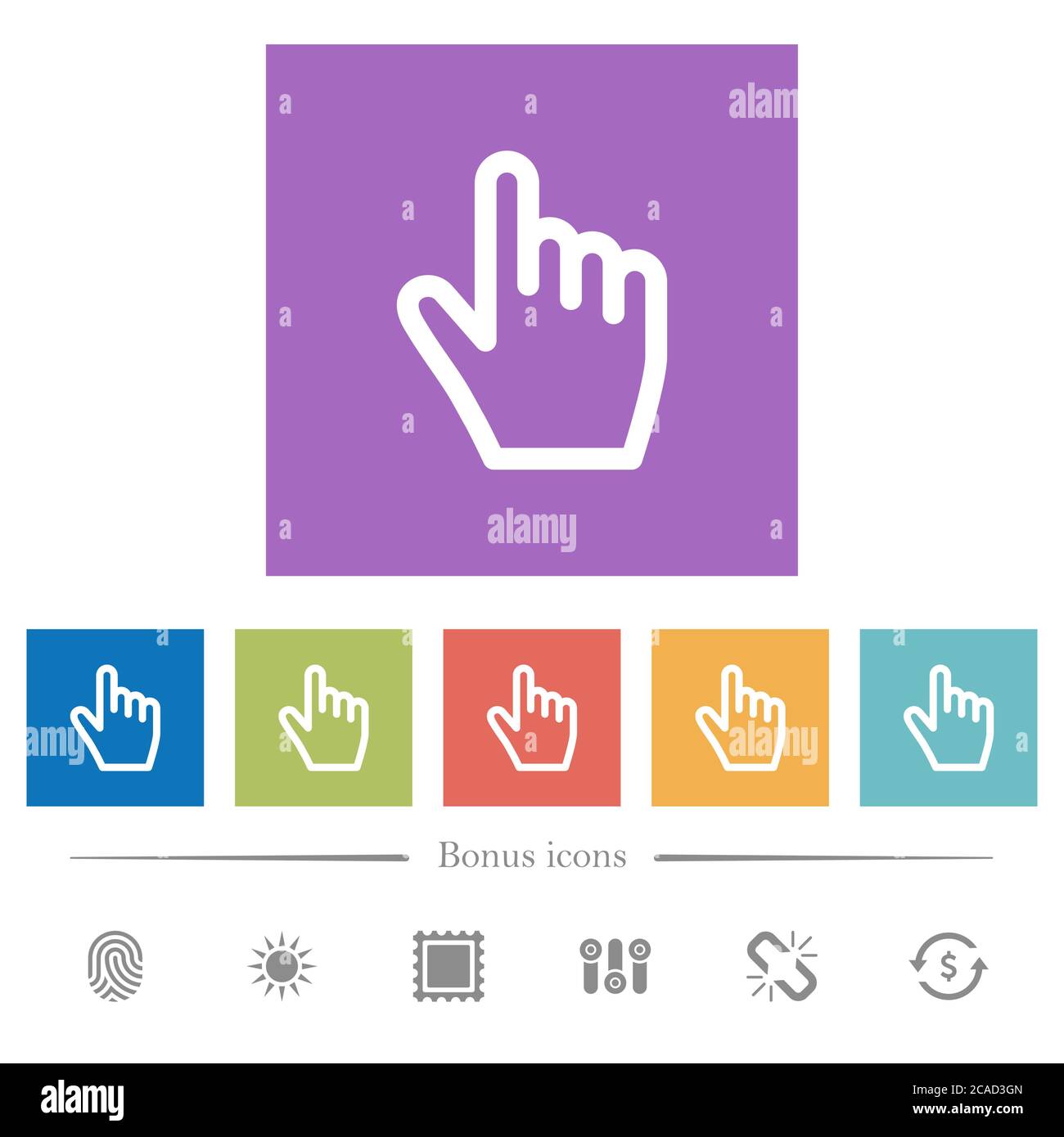 Hand cursor flat white icons in square backgrounds. 6 bonus icons ...