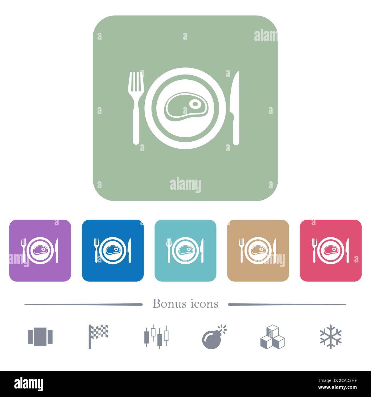 Steak for lunch white flat icons on color rounded square backgrounds. 6 ...