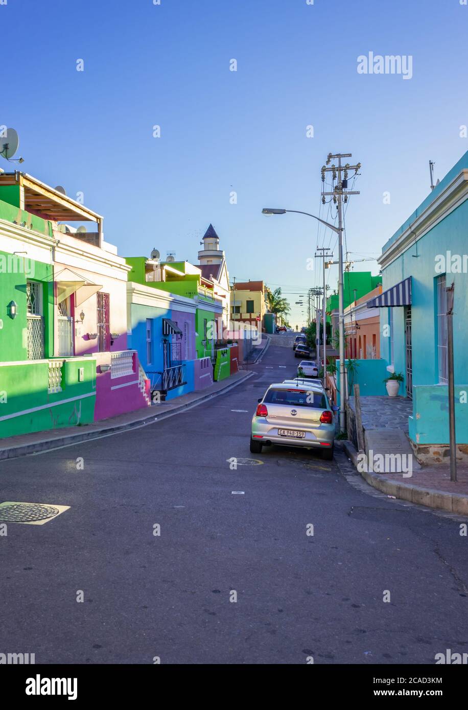Brightly coloured green mosque in the historic neighborhood of Bo-Kaap ...
