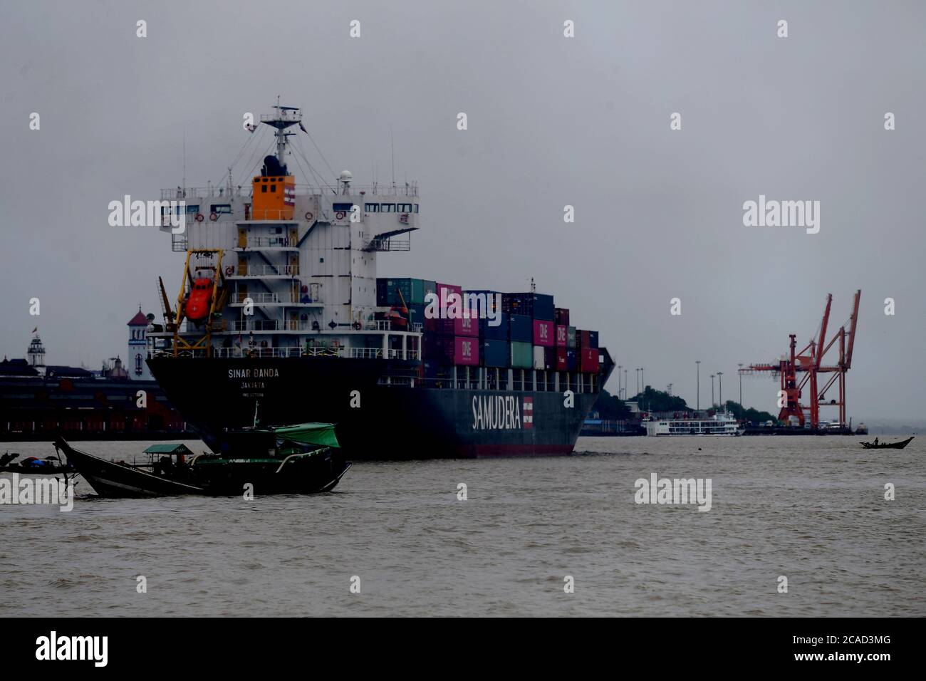 Yangon, Myanmar. 6th Aug, 2020. A container ship is seen on the Yangon ...