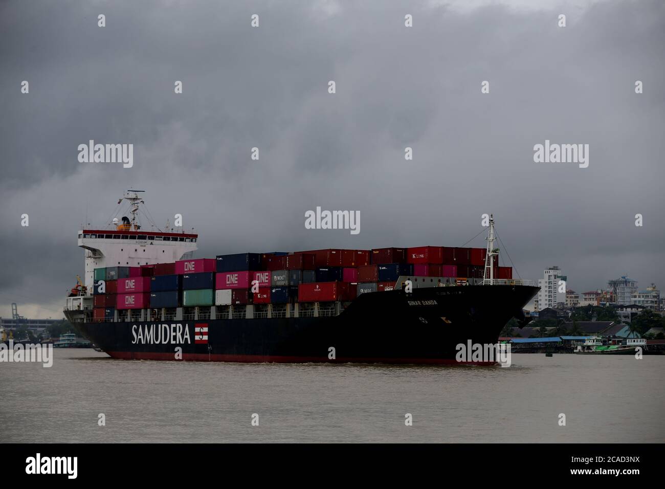 Yangon, Myanmar. 6th Aug, 2020. A container ship is seen on the Yangon ...