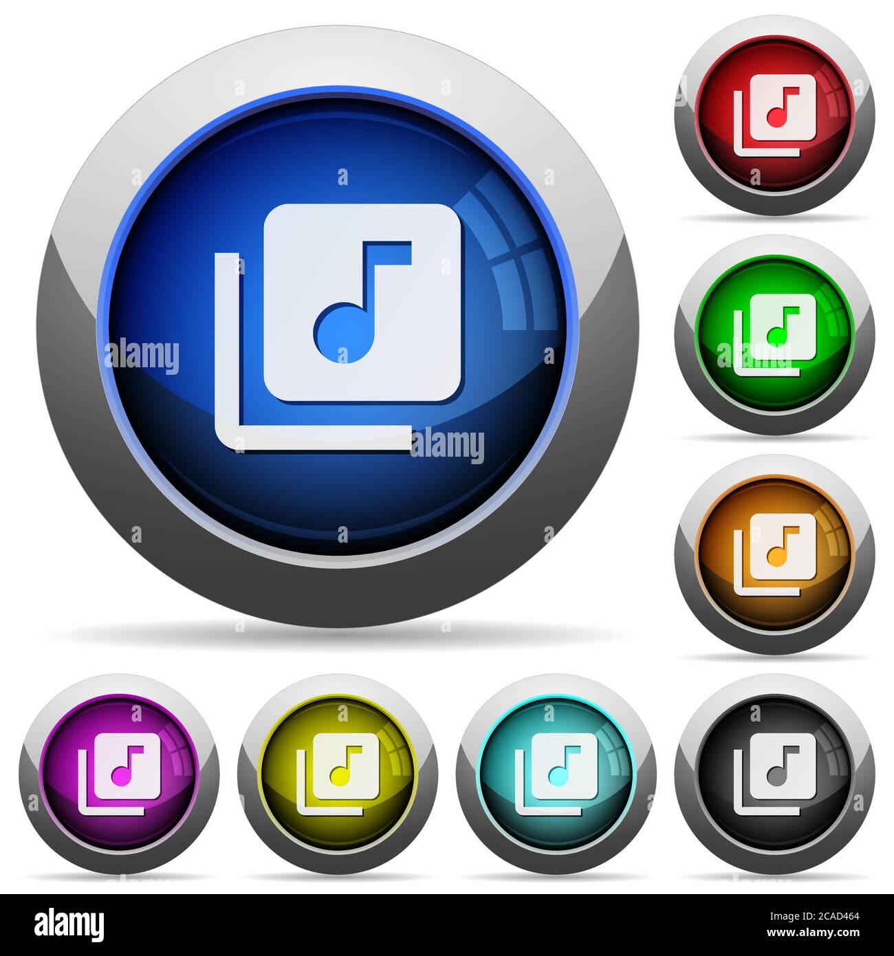 Music library icons in round glossy buttons with steel frames Stock ...