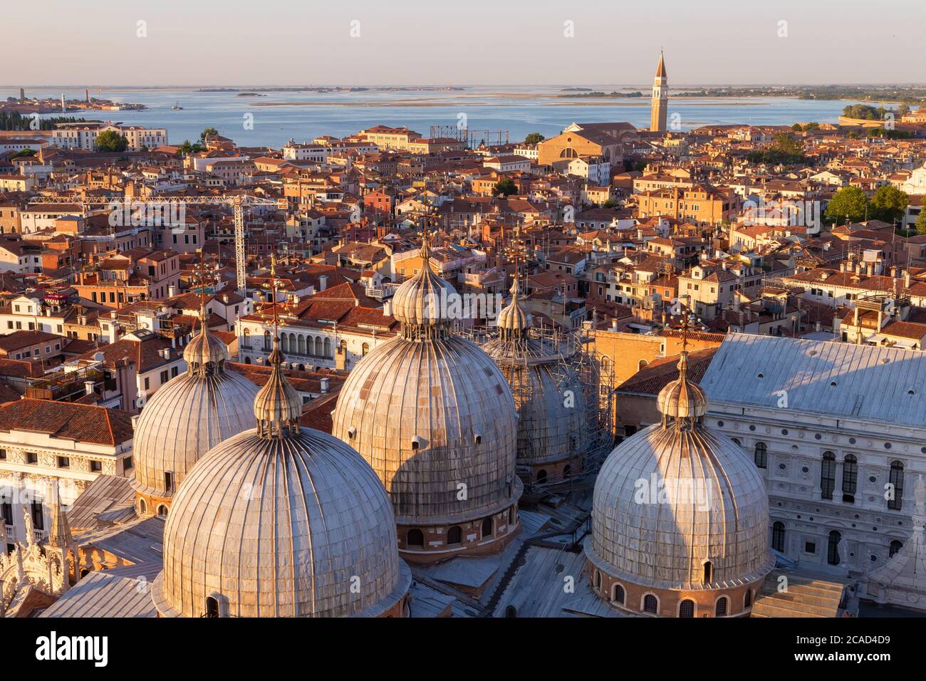 Panoramic view of Venice, Italy. A bird's eye view of the domes of the ...
