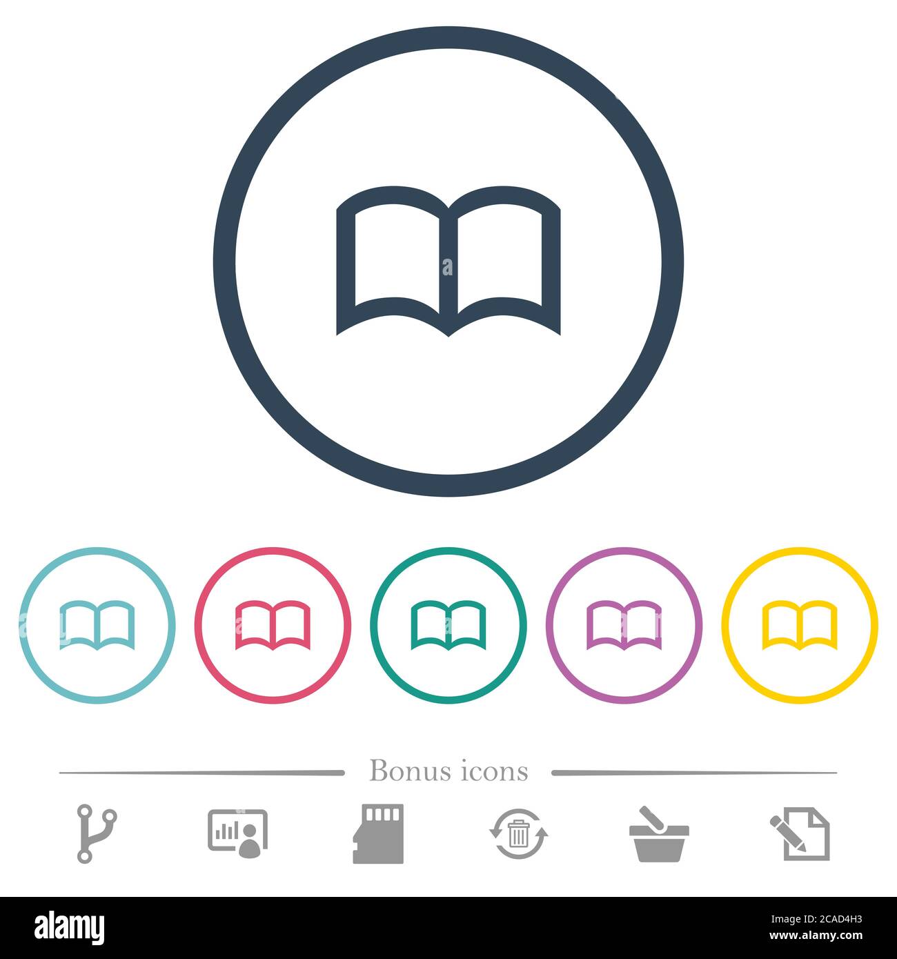 Open book flat color icons in round outlines. 6 bonus icons included ...