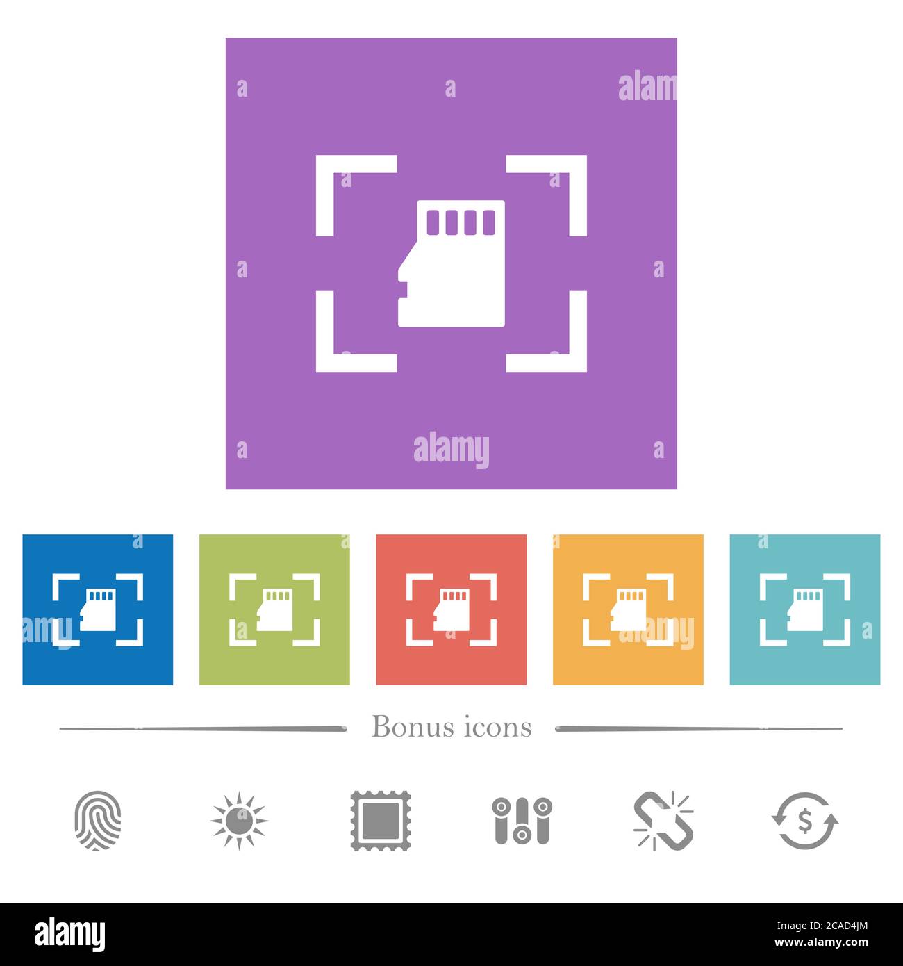 Camera memory card flat white icons in square backgrounds. 6 bonus ...