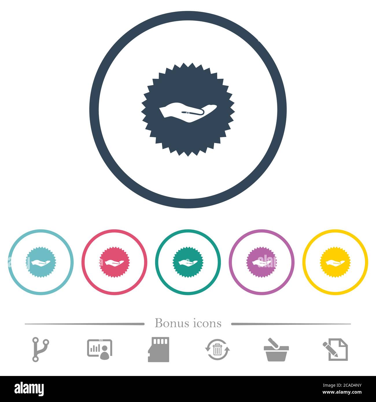 Hand in sticker flat color icons in round outlines. 6 bonus icons ...
