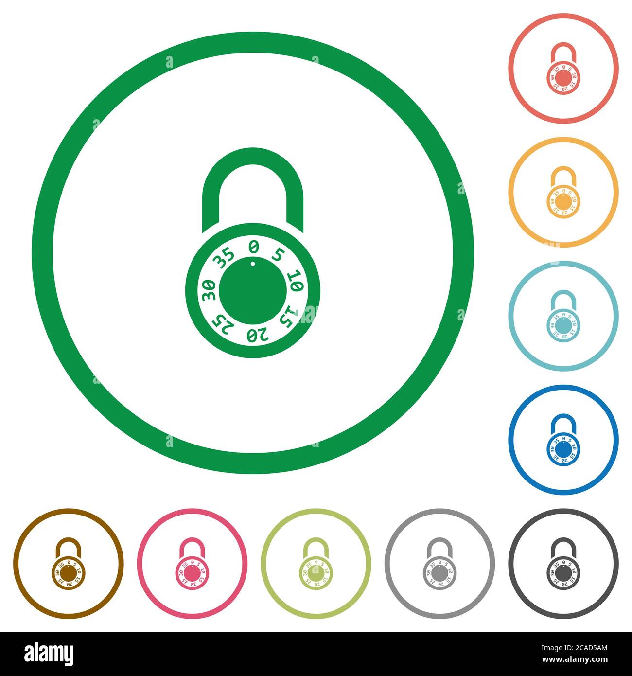 Locked round combination lock flat color icons in round outlines on ...