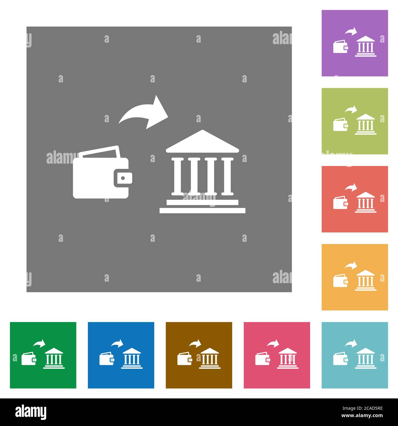 Money deposit to bank flat icons on simple color square backgrounds ...