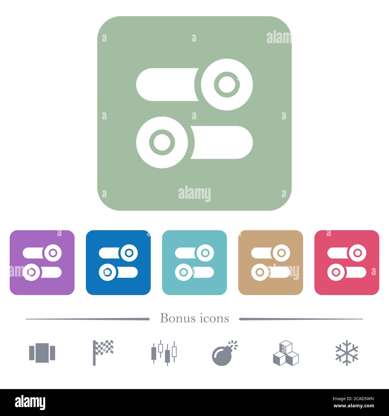 Toggle switches white flat icons on color rounded square backgrounds. 6 ...