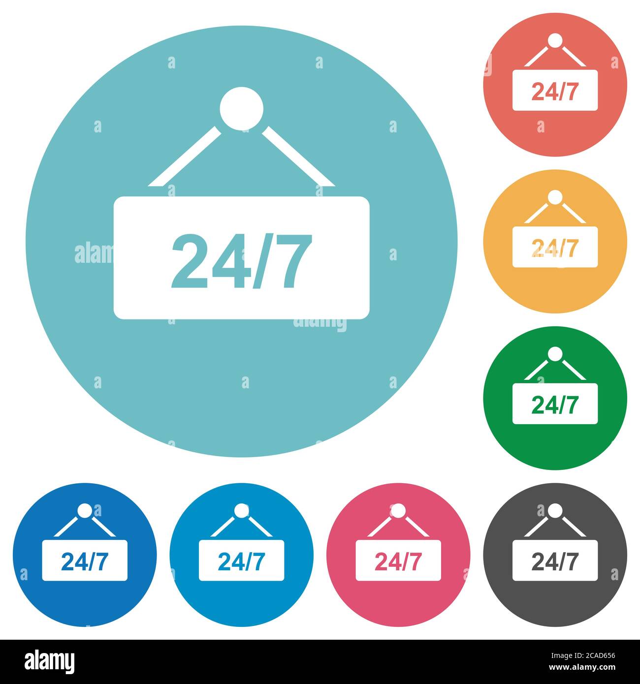 hanging table with 24h seven days a week flat white icons on round color backgrounds Stock ...