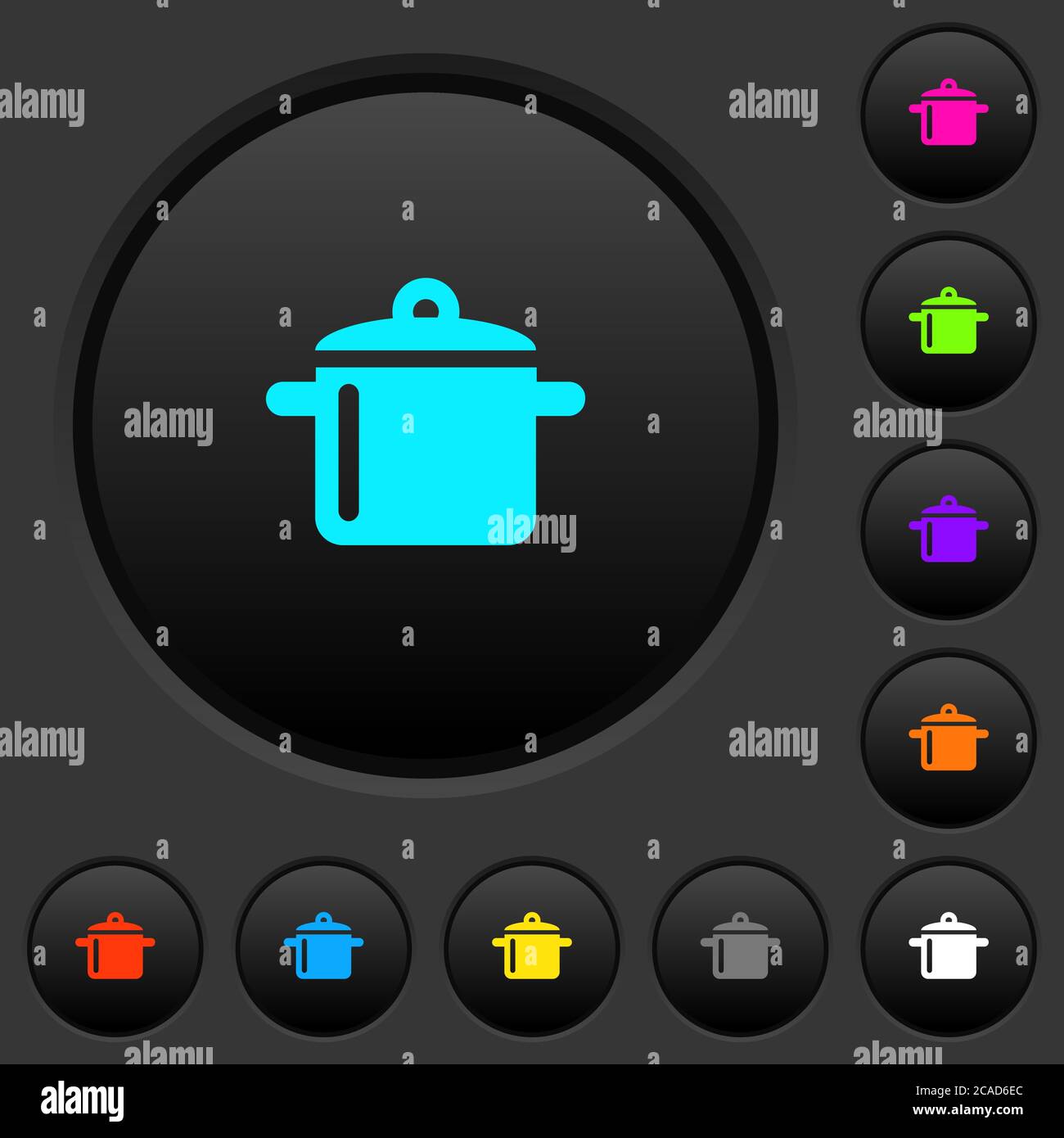 Cooking dark push buttons with vivid color icons on dark grey ...