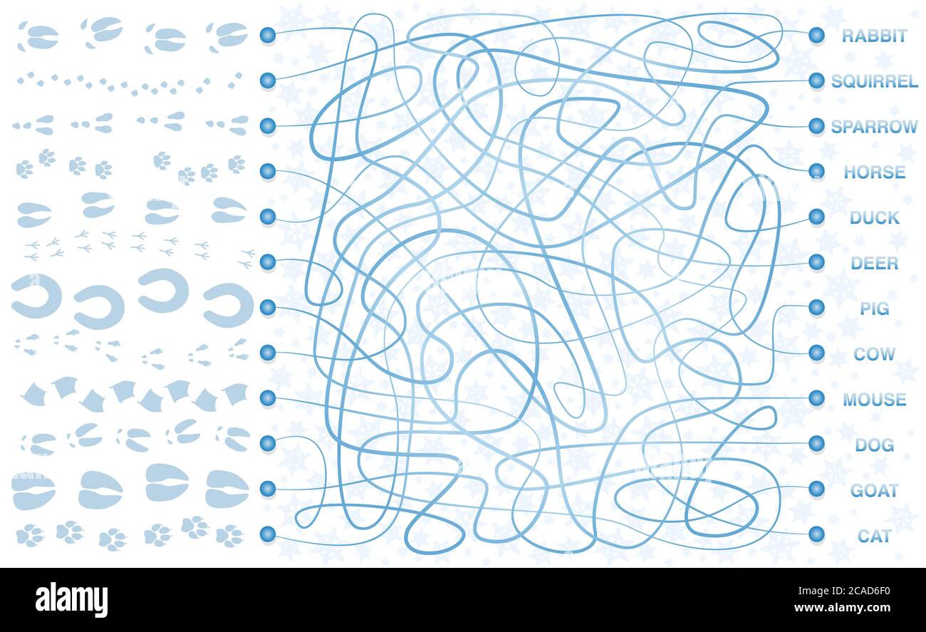 Animals tracks maze. Labyrinth with footprints in the snow. Find the ...