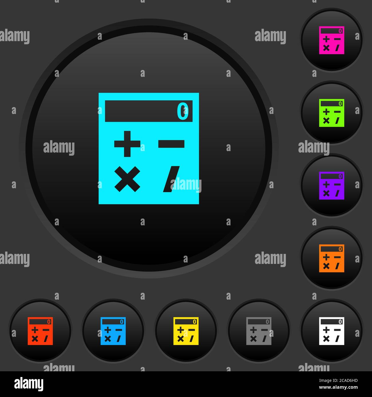 Pocket calculator dark push buttons with vivid color icons on dark grey ...