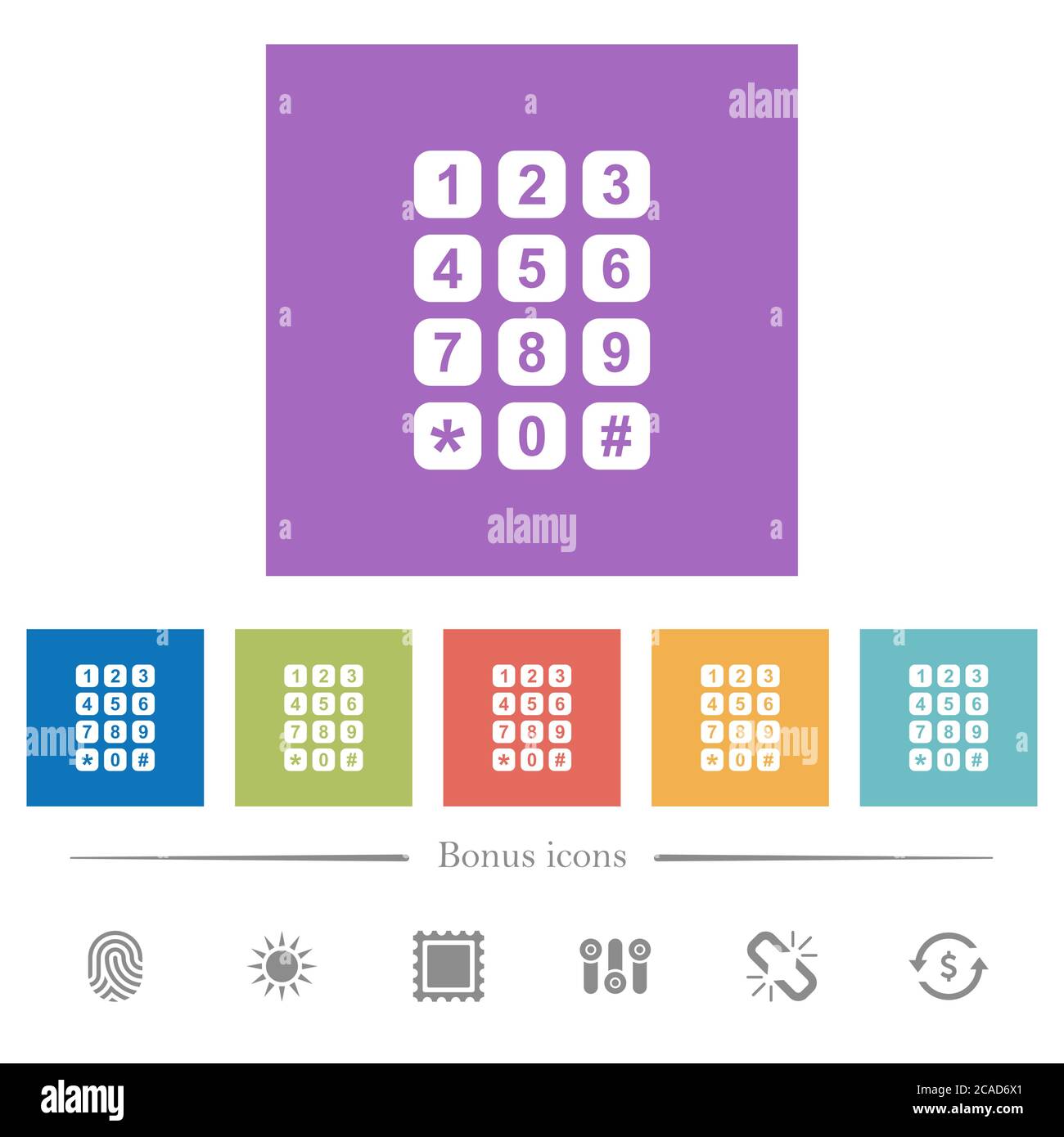 Numeric keypad flat white icons in square backgrounds. 6 bonus icons ...