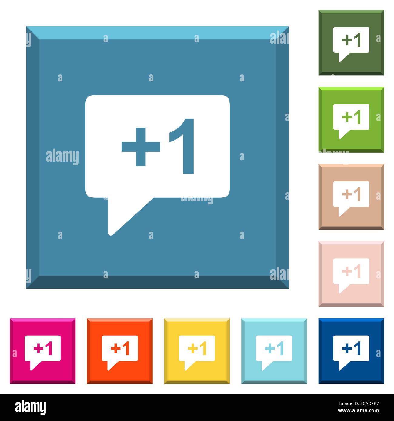 Plus one sign white icons on edged square buttons in various trendy ...