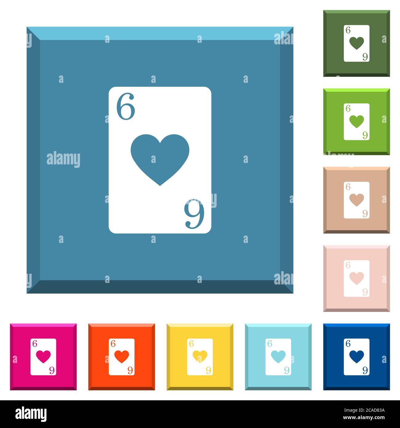 Six of hearts card white icons on edged square buttons in various ...