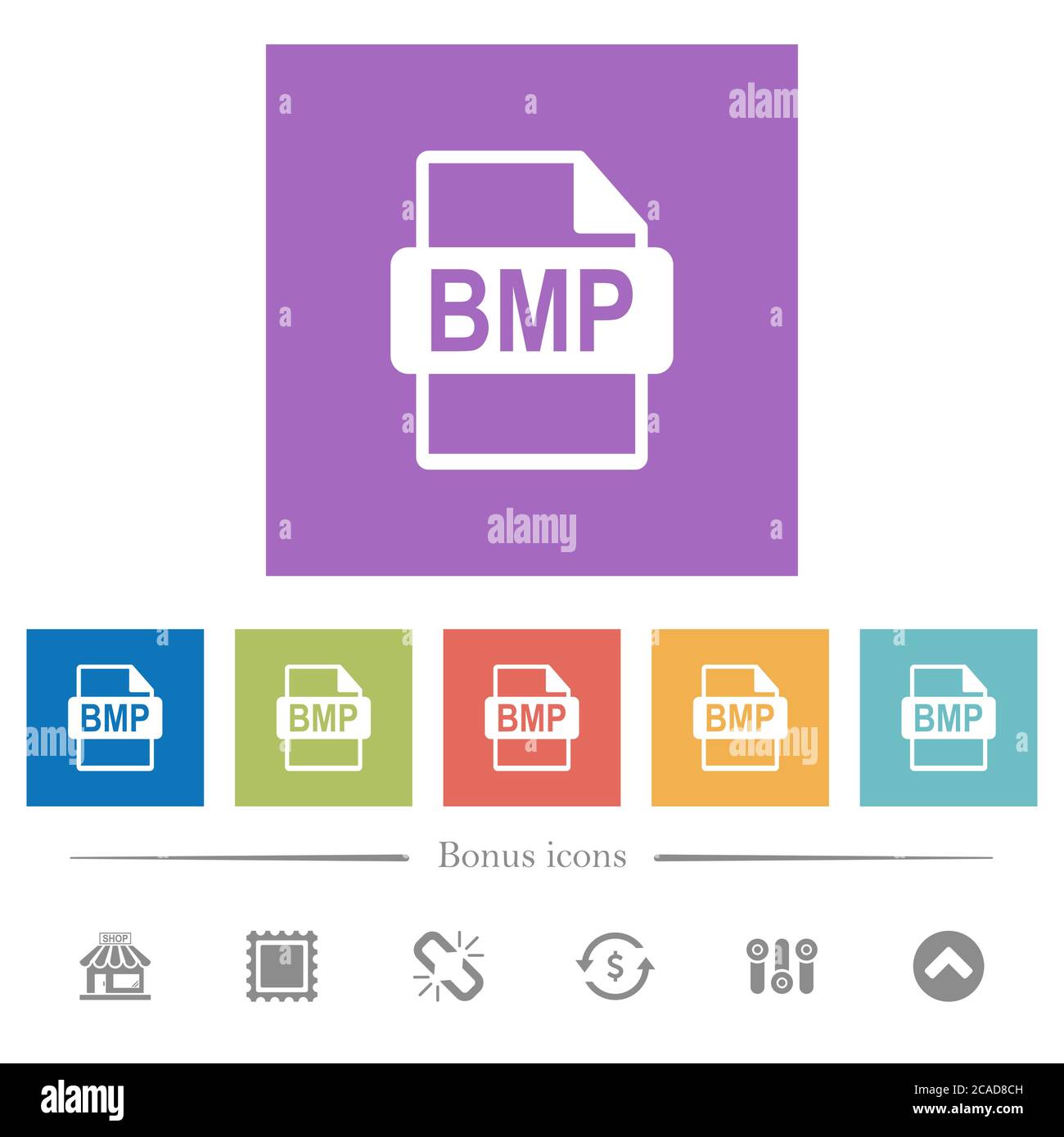 BMP file format flat white icons in square backgrounds. 6 bonus icons ...
