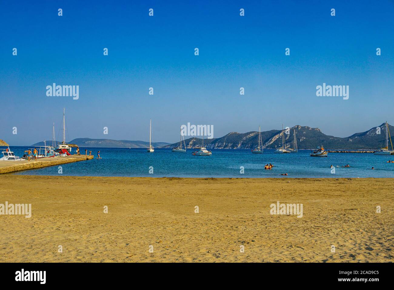Summer view of the famous beach of Methoni town in Messinia region ...